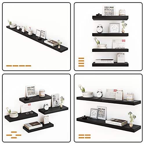 Fixwal Floating Shelves, Set of 4 Black Wood Shelves, Wall Mounted Shelf for Brick Wall, Bedroom, Living Room, Bathroom and Plants