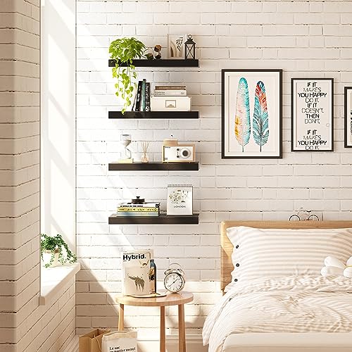 Fixwal Floating Shelves, Set of 4 Black Wood Shelves, Wall Mounted Shelf for Brick Wall, Bedroom, Living Room, Bathroom and Plants