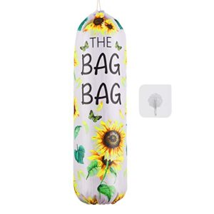 sunflower plastic bag holder for kitchen, plastic bag organizer and dispenser wall mount plastic bags with self-adhesive hooks garbage shopping trash bags storage sunflower farmhouse home decor