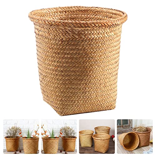 Operitacx Seagrass Waste Basket Woven Trash Can Garbage Can for Bedroom Garbage Container Bin Wicker Rattan Laundry Hamper Plant Pot Storage Basket for Bathroom Kitchen Home Office (10.4X11.4 inch)