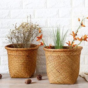 Operitacx Seagrass Waste Basket Woven Trash Can Garbage Can for Bedroom Garbage Container Bin Wicker Rattan Laundry Hamper Plant Pot Storage Basket for Bathroom Kitchen Home Office (10.4X11.4 inch)