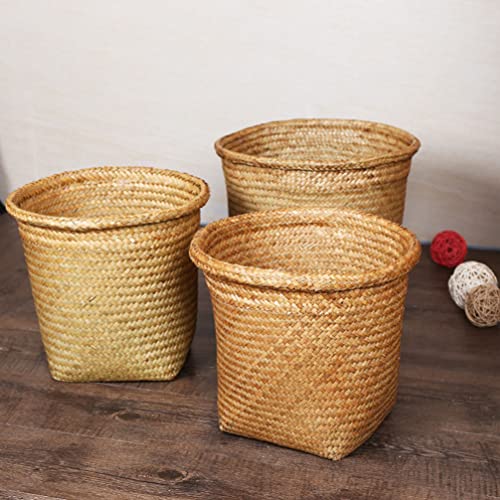 Operitacx Seagrass Waste Basket Woven Trash Can Garbage Can for Bedroom Garbage Container Bin Wicker Rattan Laundry Hamper Plant Pot Storage Basket for Bathroom Kitchen Home Office (10.4X11.4 inch)