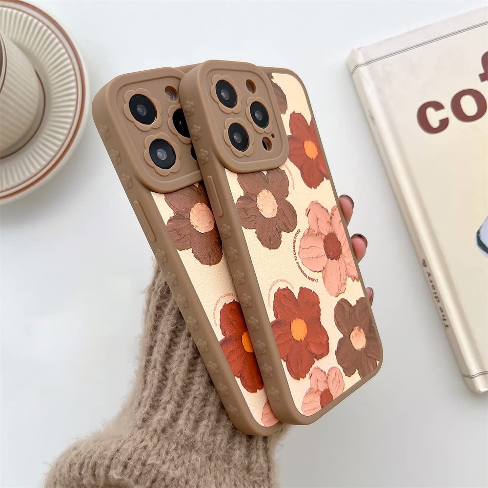 Fashion Oil Painting Flower Phone Case for iPhone 13 Pro Cover Cute Side Frame Design Silicone Protective Cases for Apple iPhone 13 Pro - Brown