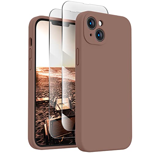 FireNova Designed for iPhone 13 Case, Silicone Upgraded [Camera Protection] Phone Case with [2 Screen Protectors], Soft Anti-Scratch Microfiber Lining Inside, 6.1 inch, Light Brown