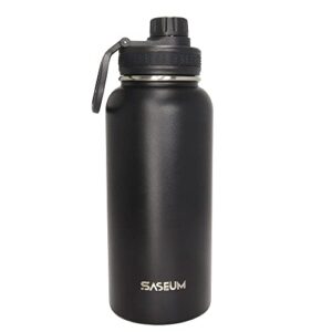 saseum insulated stainless steel water bottles 32oz with spout lids metal vacuum thermal large water jug leak-proof reusable flask for sports gym and travel,black