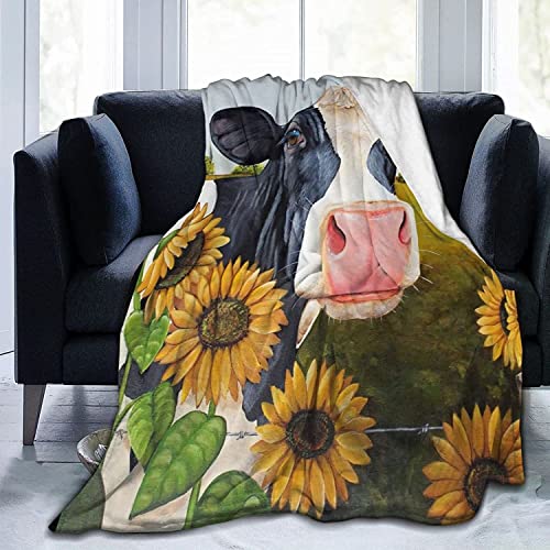 Sunflower Cow Print Flannel Blanket Cute Animal Lightweight Travelling Throw Blanket Super Soft Plush Blankets for Bed Sofa & Gift for Family 50"x60"