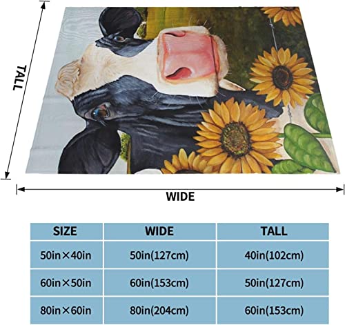 Sunflower Cow Print Flannel Blanket Cute Animal Lightweight Travelling Throw Blanket Super Soft Plush Blankets for Bed Sofa & Gift for Family 50"x60"