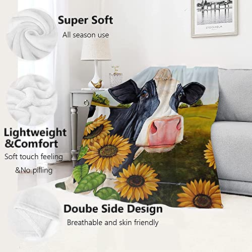 Sunflower Cow Print Flannel Blanket Cute Animal Lightweight Travelling Throw Blanket Super Soft Plush Blankets for Bed Sofa & Gift for Family 50"x60"