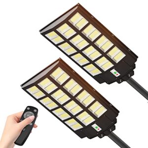 Opkiddle 2 Pack 1200W Solar Powered Street Lights Outdoor Waterproof, 120000 Lumens High Brightness Dusk to Dawn LED Lamp, with Pole, Remote Control, for Yard, Garden, Patio, Stadium, Piazza