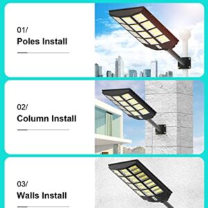 Opkiddle 2 Pack 1200W Solar Powered Street Lights Outdoor Waterproof, 120000 Lumens High Brightness Dusk to Dawn LED Lamp, with Pole, Remote Control, for Yard, Garden, Patio, Stadium, Piazza