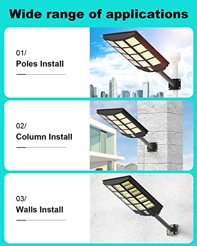 Opkiddle 2 Pack 1200W Solar Powered Street Lights Outdoor Waterproof, 120000 Lumens High Brightness Dusk to Dawn LED Lamp, with Pole, Remote Control, for Yard, Garden, Patio, Stadium, Piazza