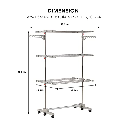 Hulife 3-Tier Foldable Clothes Drying Rack, Stainless Steel, 6 Foldable Trays, 2 Extra Side Wings, Easy Storage (Made in Korea)