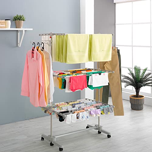 Hulife 3-Tier Foldable Clothes Drying Rack, Stainless Steel, 6 Foldable Trays, 2 Extra Side Wings, Easy Storage (Made in Korea)