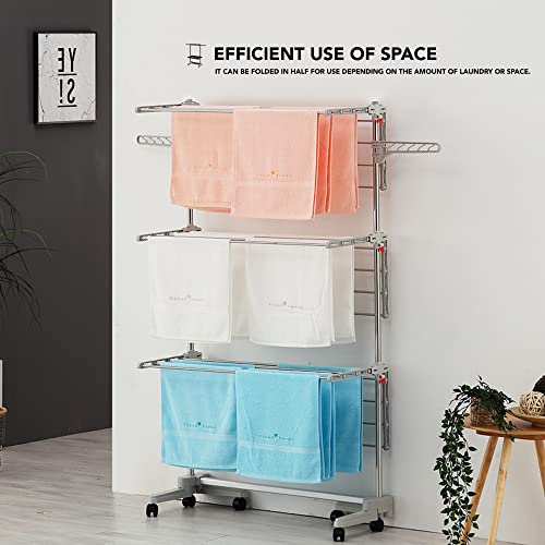 Hulife 3-Tier Foldable Clothes Drying Rack, Stainless Steel, 6 Foldable Trays, 2 Extra Side Wings, Easy Storage (Made in Korea)