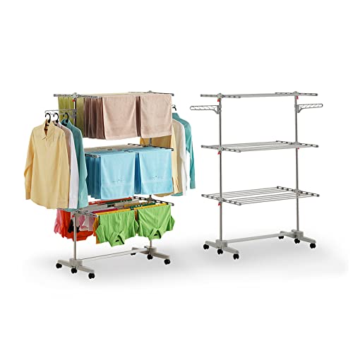 Hulife 3-Tier Foldable Clothes Drying Rack, Stainless Steel, 6 Foldable Trays, 2 Extra Side Wings, Easy Storage (Made in Korea)