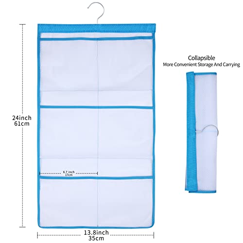 GUMQDD 6 Storage Pockets Hanging Mesh Shower Caddy,Bringing hooks can save bathroom space and fast drying,Ideal for gyms, college dorms, RV bathrooms, travel and pool locker rooms (Blue)