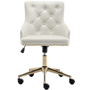 btexpert white pu leather golden base home adjustable tufted leisure gold nail head trim upholstery bedroom study desk task accent arm tilt office chair