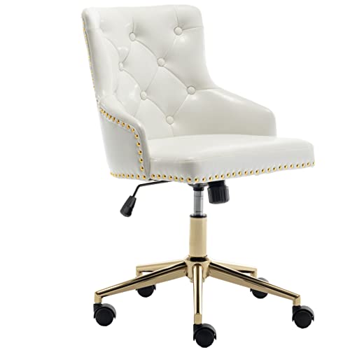 BTEXPERT White PU Leather Golden Base Home Adjustable Tufted Leisure Gold Nail Head Trim Upholstery Bedroom Study Desk Task Accent Arm Tilt Office Chair