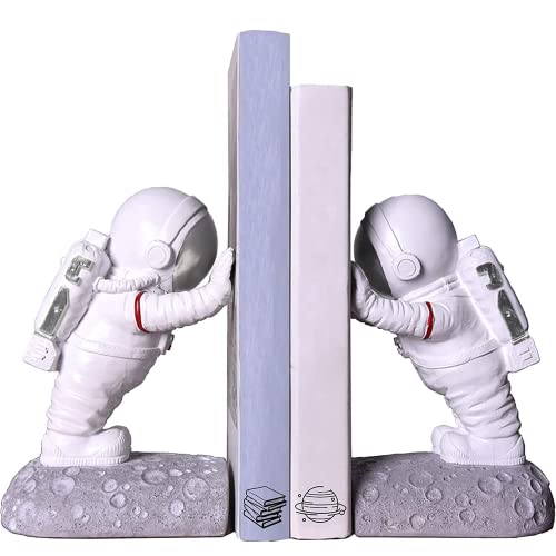 Joyvano Astronaut Bookends - Book Ends to Hold Books - Space Decor Bookends for Kids Rooms - Bookends for Heavy Books - Unique Book Holders with Anti-Slip Base (Silver)