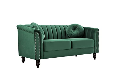 Container Direct 61'' Mid-Century Modern Velvet Loveseat, Chesterfield Inspired Luxury 2 Seater Couch for Living Room with Removable Cushions and Turned Wood Legs, Green