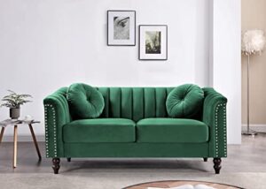 container direct 61'' mid-century modern velvet loveseat, chesterfield inspired luxury 2 seater couch for living room with removable cushions and turned wood legs, green