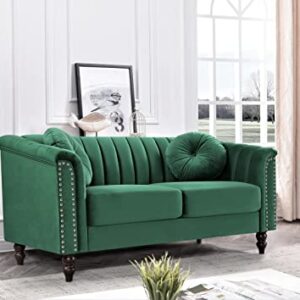 Container Direct 61'' Mid-Century Modern Velvet Loveseat, Chesterfield Inspired Luxury 2 Seater Couch for Living Room with Removable Cushions and Turned Wood Legs, Green