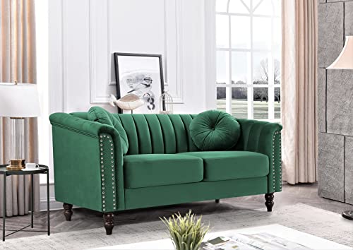 Container Direct 61'' Mid-Century Modern Velvet Loveseat, Chesterfield Inspired Luxury 2 Seater Couch for Living Room with Removable Cushions and Turned Wood Legs, Green