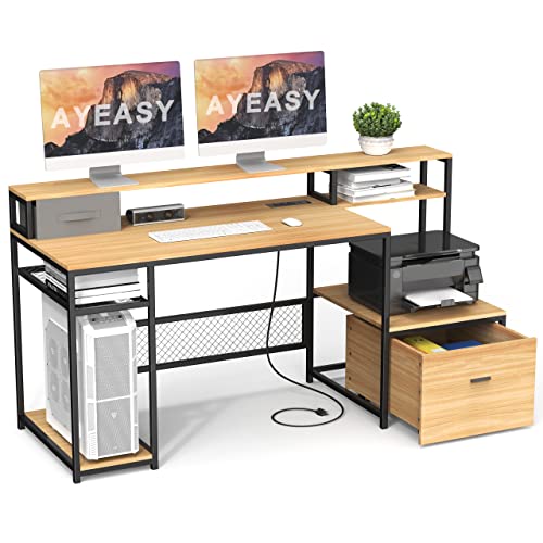 AYEASY Home Office Desk with Monitor Stand Shelf, 66 inch Large Computer Desk with Power Outlet and USB Charging Port, Computer Table with Storage Shelves and Drawer, Study Work Desk, Natural