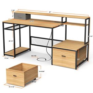 AYEASY Home Office Desk with Monitor Stand Shelf, 66 inch Large Computer Desk with Power Outlet and USB Charging Port, Computer Table with Storage Shelves and Drawer, Study Work Desk, Natural