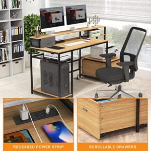 AYEASY Home Office Desk with Monitor Stand Shelf, 66 inch Large Computer Desk with Power Outlet and USB Charging Port, Computer Table with Storage Shelves and Drawer, Study Work Desk, Natural