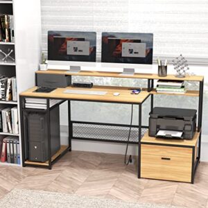 AYEASY Home Office Desk with Monitor Stand Shelf, 66 inch Large Computer Desk with Power Outlet and USB Charging Port, Computer Table with Storage Shelves and Drawer, Study Work Desk, Natural