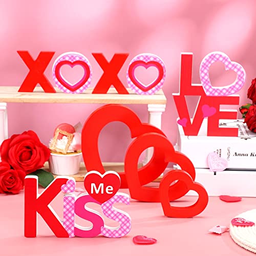 9 Pcs Valentine's Day Decor Wooden Tiered Tray Love Romantic Wooden Signs Happy Valentine's Day Table Decor for Valentines, Shelf, Desk Home Decor and Wedding Party Decoration (Heart)