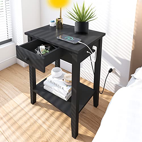 OTEKAY Nightstand with Charging Station, Wooden End Table with USB Ports and AC Power Outlets, Bed Side Table Night Stand with Drawer and Shelf for Storage - Black