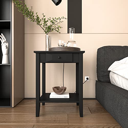 OTEKAY Nightstand with Charging Station, Wooden End Table with USB Ports and AC Power Outlets, Bed Side Table Night Stand with Drawer and Shelf for Storage - Black