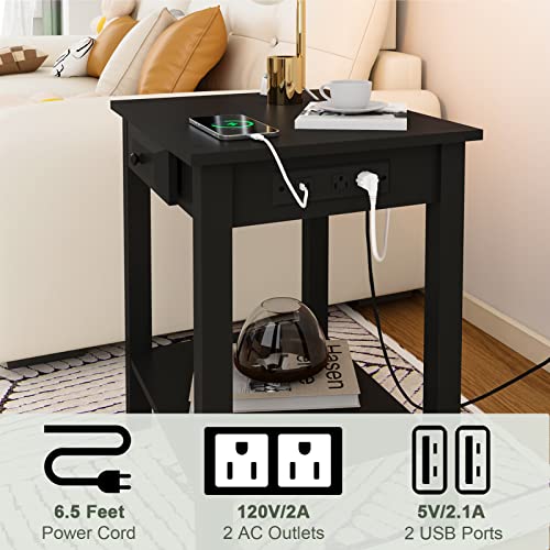 OTEKAY Nightstand with Charging Station, Wooden End Table with USB Ports and AC Power Outlets, Bed Side Table Night Stand with Drawer and Shelf for Storage - Black