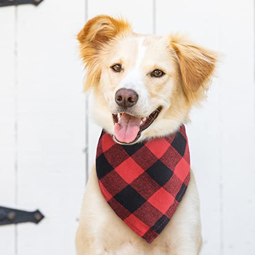 CROWNED BEAUTY Medium Dog Bandana for Small Medium Dogs,Red Black Buffalo Plaid Adjustable Reversible Triangle Holiday Cutton Scarves DB09-M