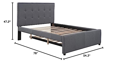 RUNWON Full Size Linen Upholstered Platform Bed with Headboard and Trundle for Bedroom Living Room, Space Saving Design, Grey