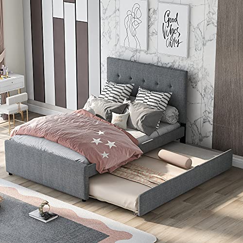 RUNWON Full Size Linen Upholstered Platform Bed with Headboard and Trundle for Bedroom Living Room, Space Saving Design, Grey