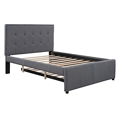 RUNWON Full Size Linen Upholstered Platform Bed with Headboard and Trundle for Bedroom Living Room, Space Saving Design, Grey