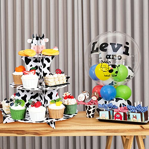 Farm Animal Cow Print Cupcake Stand Cow Print Party Supplies 3 Tier Cupcake Holder Cardboard Cupcake Stand Cow Print Decor Cow Themed Party Decorations for Baby Shower Birthday Party Supplies (1 Set)