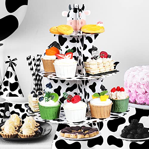 Farm Animal Cow Print Cupcake Stand Cow Print Party Supplies 3 Tier Cupcake Holder Cardboard Cupcake Stand Cow Print Decor Cow Themed Party Decorations for Baby Shower Birthday Party Supplies (1 Set)