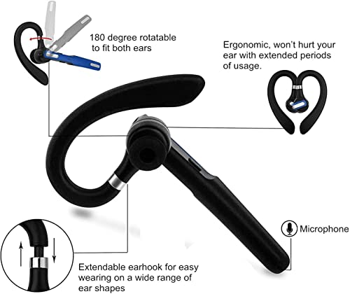 Bluetooth Headset, Wireless Bluetooth Earpiece V5.0 Hi-Fi Stereo Lightweight Headphones Hands-free Earphones with Noise Cancellation Microphone for Cellphones, Business Office/ Work Out/Trucker (Blue)