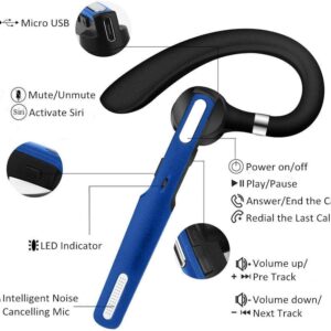 Bluetooth Headset, Wireless Bluetooth Earpiece V5.0 Hi-Fi Stereo Lightweight Headphones Hands-free Earphones with Noise Cancellation Microphone for Cellphones, Business Office/ Work Out/Trucker (Blue)