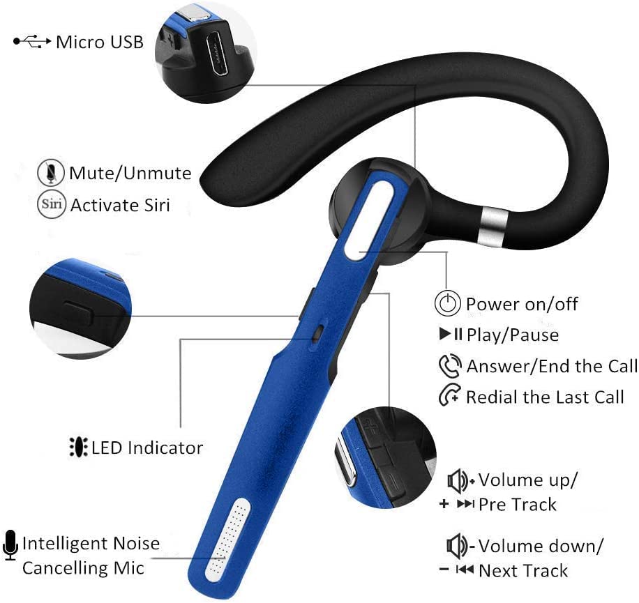 Bluetooth Headset, Wireless Bluetooth Earpiece V5.0 Hi-Fi Stereo Lightweight Headphones Hands-free Earphones with Noise Cancellation Microphone for Cellphones, Business Office/ Work Out/Trucker (Blue)