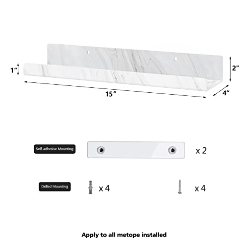 UAK Wall Shelf 15" Marble Floating Wall Ledge Shelf, Clear Arcylic Wall Mounted Display Storage Bookshelf for Bedroom, Living Room, Bathroom, Kitchen(15 Inch 2Pack)