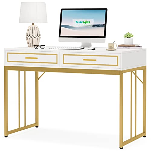 Tribesigns Computer Desk with Drawers, 47 Inch White and Gold Desk, Simple Modern Study Writing Desks with Storage, Make Up Vanity Console Table for Home Office, Bedroom, Living Room