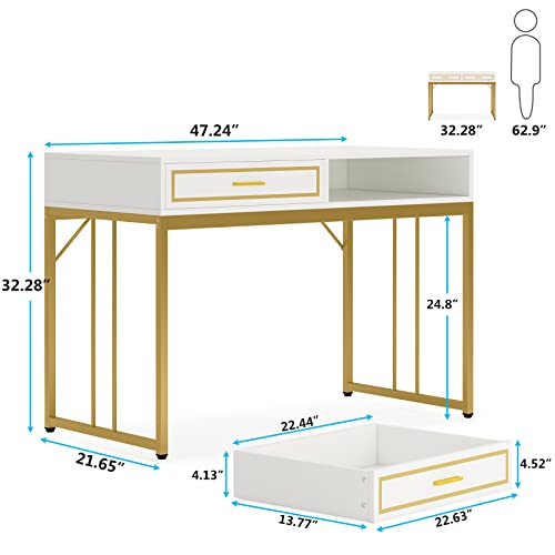 Tribesigns Computer Desk with Drawers, 47 Inch White and Gold Desk, Simple Modern Study Writing Desks with Storage, Make Up Vanity Console Table for Home Office, Bedroom, Living Room