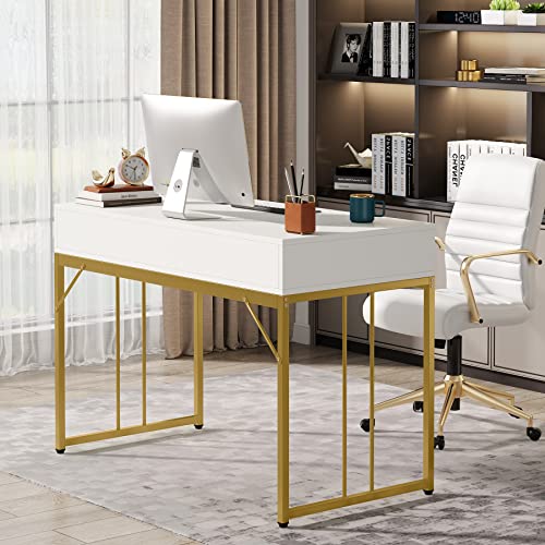 Tribesigns Computer Desk with Drawers, 47 Inch White and Gold Desk, Simple Modern Study Writing Desks with Storage, Make Up Vanity Console Table for Home Office, Bedroom, Living Room