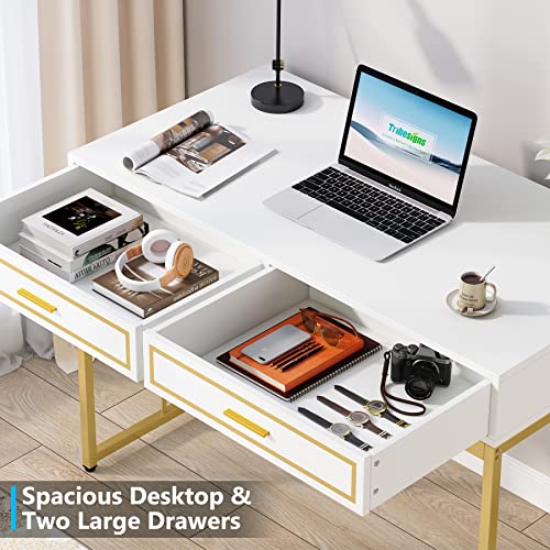 Tribesigns Computer Desk with Drawers, 47 Inch White and Gold Desk, Simple Modern Study Writing Desks with Storage, Make Up Vanity Console Table for Home Office, Bedroom, Living Room