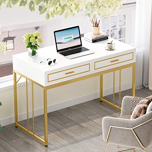 Tribesigns Computer Desk with Drawers, 47 Inch White and Gold Desk, Simple Modern Study Writing Desks with Storage, Make Up Vanity Console Table for Home Office, Bedroom, Living Room